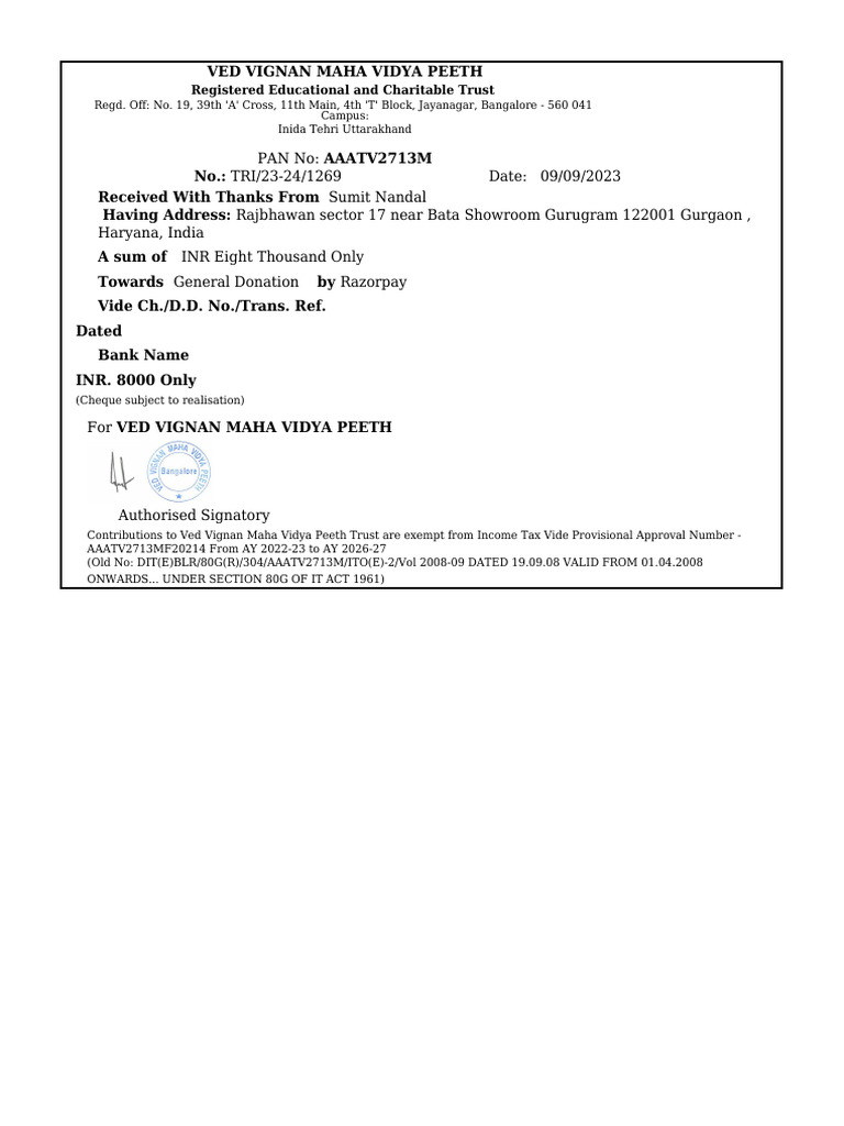 VED VIGNAN MAHA VIDYA PEETH Receipt For Sumit Nandal Dated (09-09-2023 ...