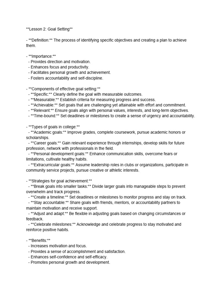 Lesson 2 - Goal Setting | PDF | Goal | Goal Setting