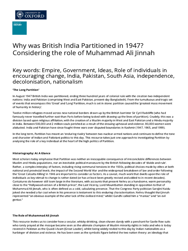 Why Was British India Partitioned in 1947 - Considering The Role of ...