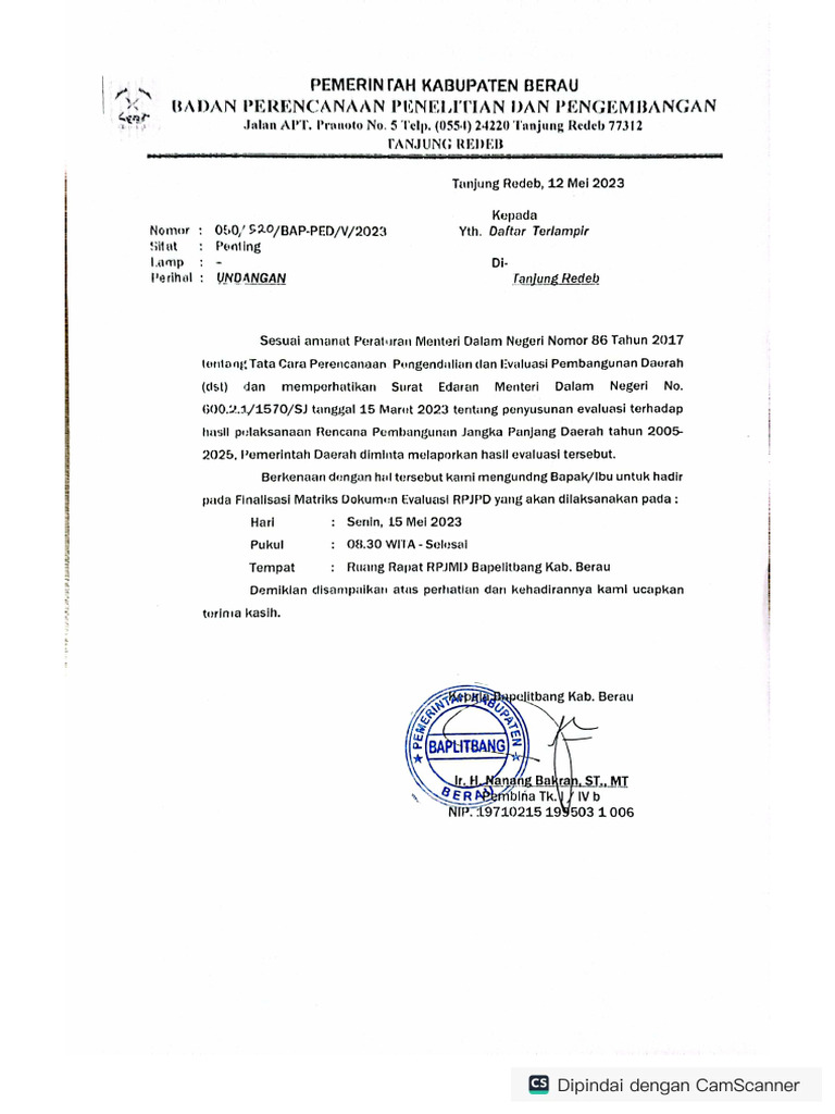 Undangan Finalisasi Matriks RPJPD | PDF