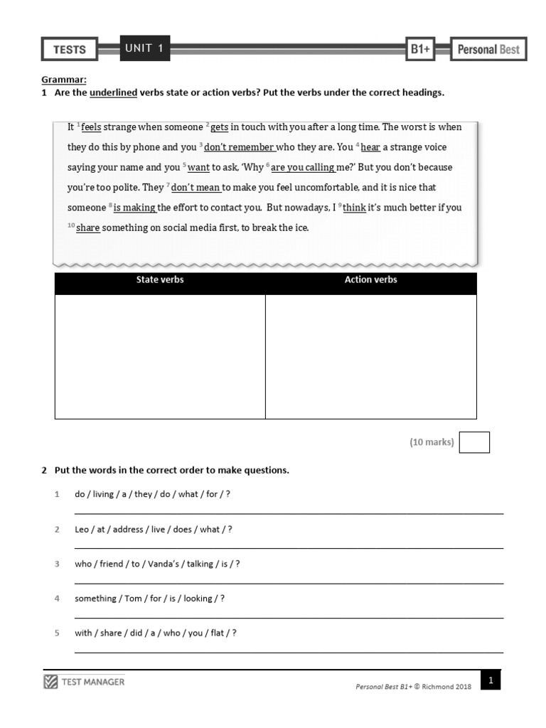 Personal Best B1+ Unit 1 Overview | PDF