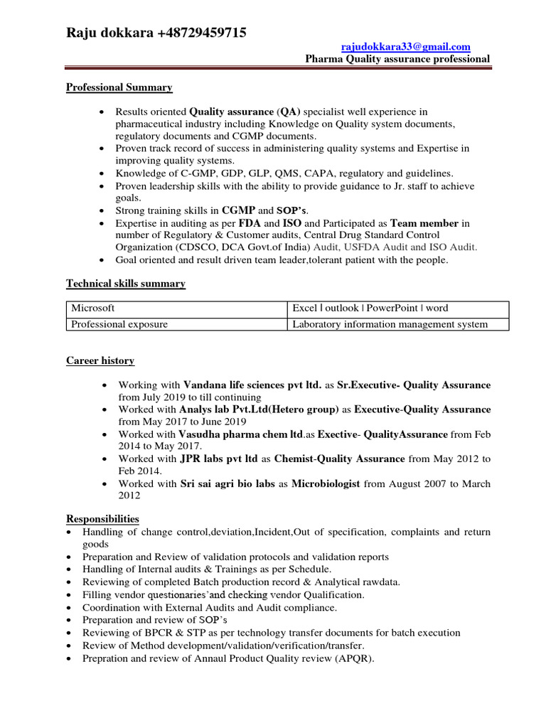 Quality Assurance Pharma Resume | Download Free PDF | Quality ...