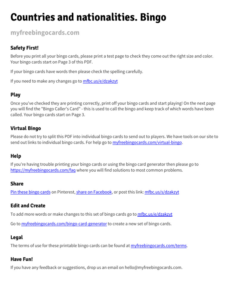 Countries and Nationalities Bingo | PDF | Spanish Language | Peru