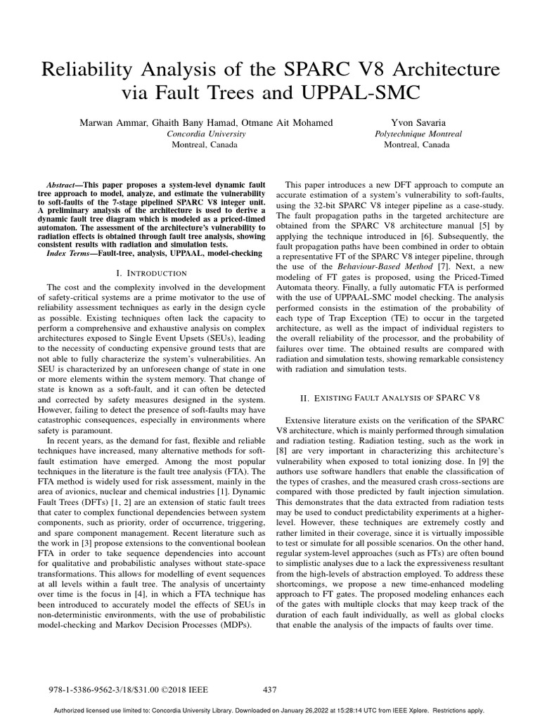 Reliability Analysis of The SPARC V8 Architecture Via Fault Trees and UPPAL-SMC | PDF ...