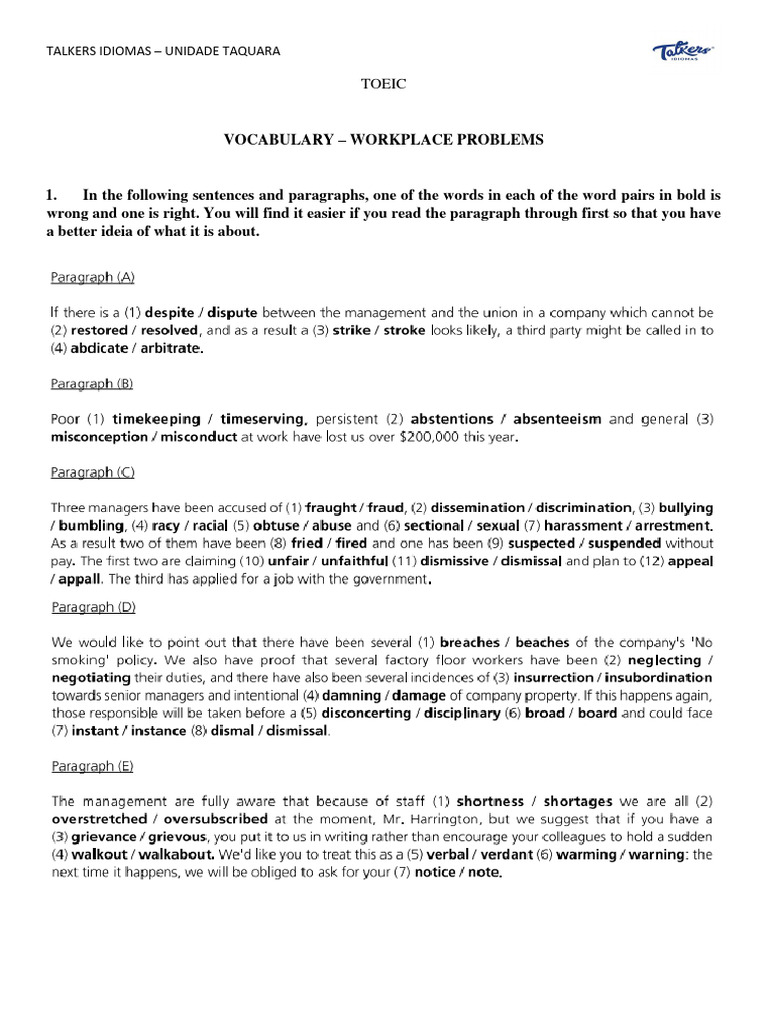 Toeic Exercise 4 Vocab Workplace Problem and Grammar Embedded Question and Yes No Tag Questions ...