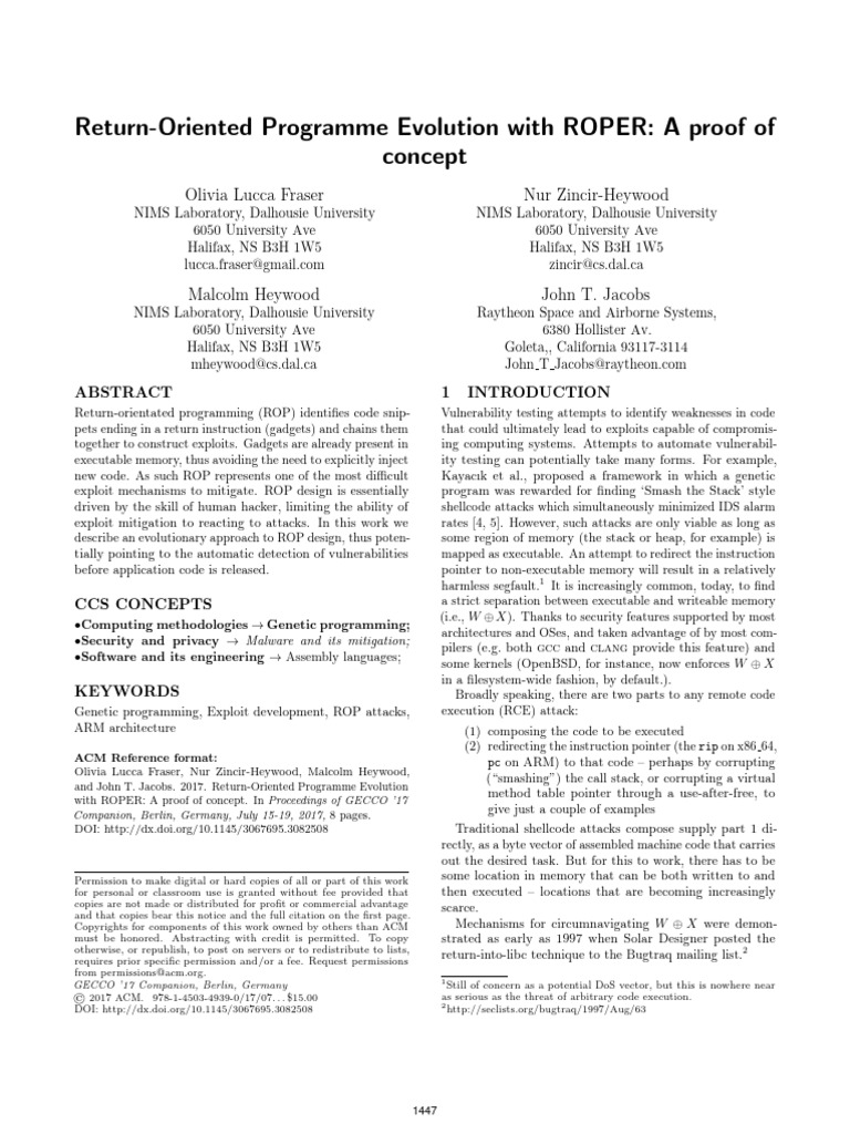 Olivia Lucca Fraser Returnoriented Programme Evolution With Roper A Proof of Concept 1 | PDF ...
