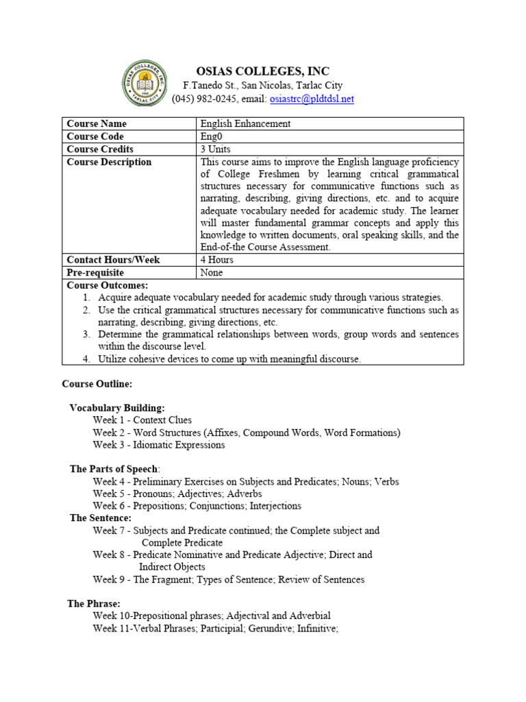 English Enhancement Course Outline | PDF | Adverb | English Language