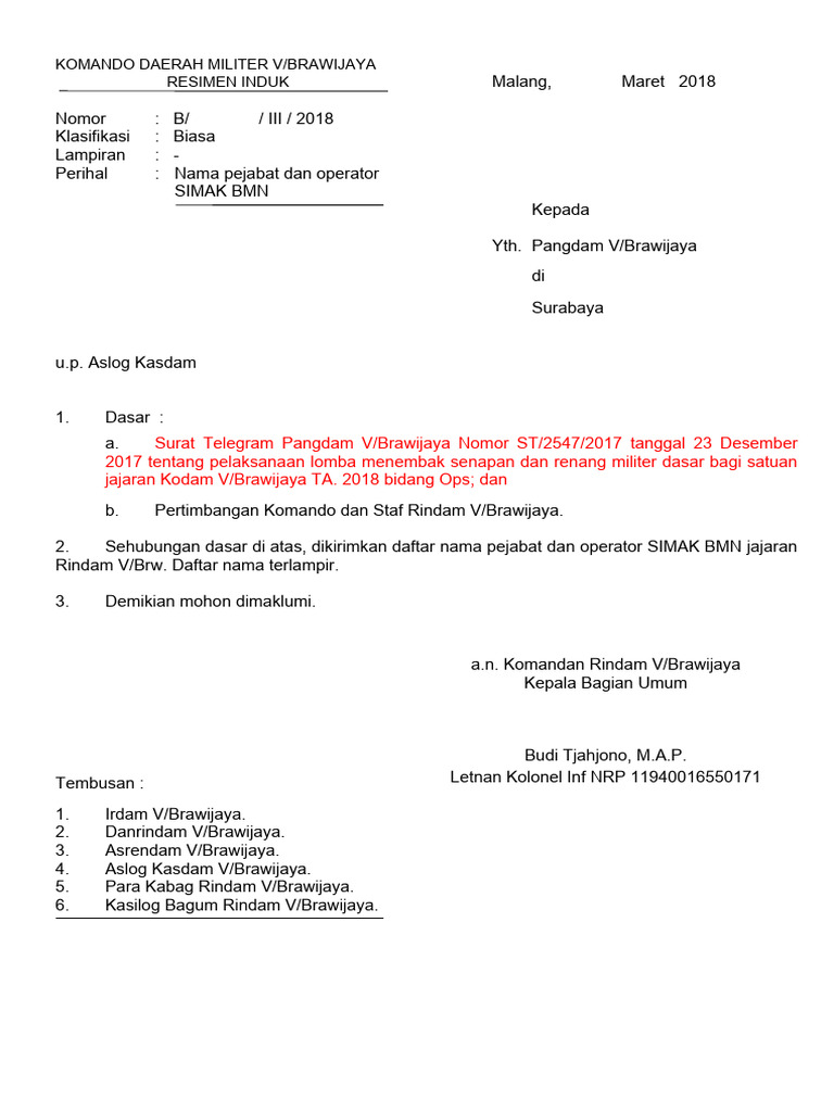 Nama Operator SIMAK Jajaran RINDAM V | PDF