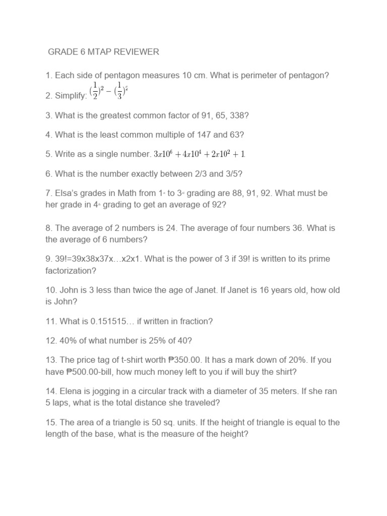 Grade 6 Mtap Reviewer With Answer Key | PDF