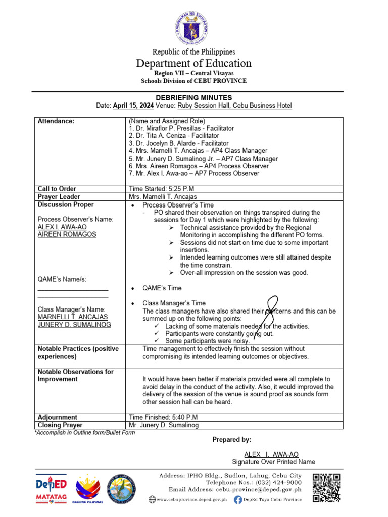 Debriefing Minutes Form - dAY1 - BATCH 2 | PDF