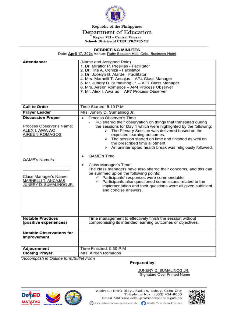Debriefing Minutes Form - dAY3 - BATCH 2 | PDF