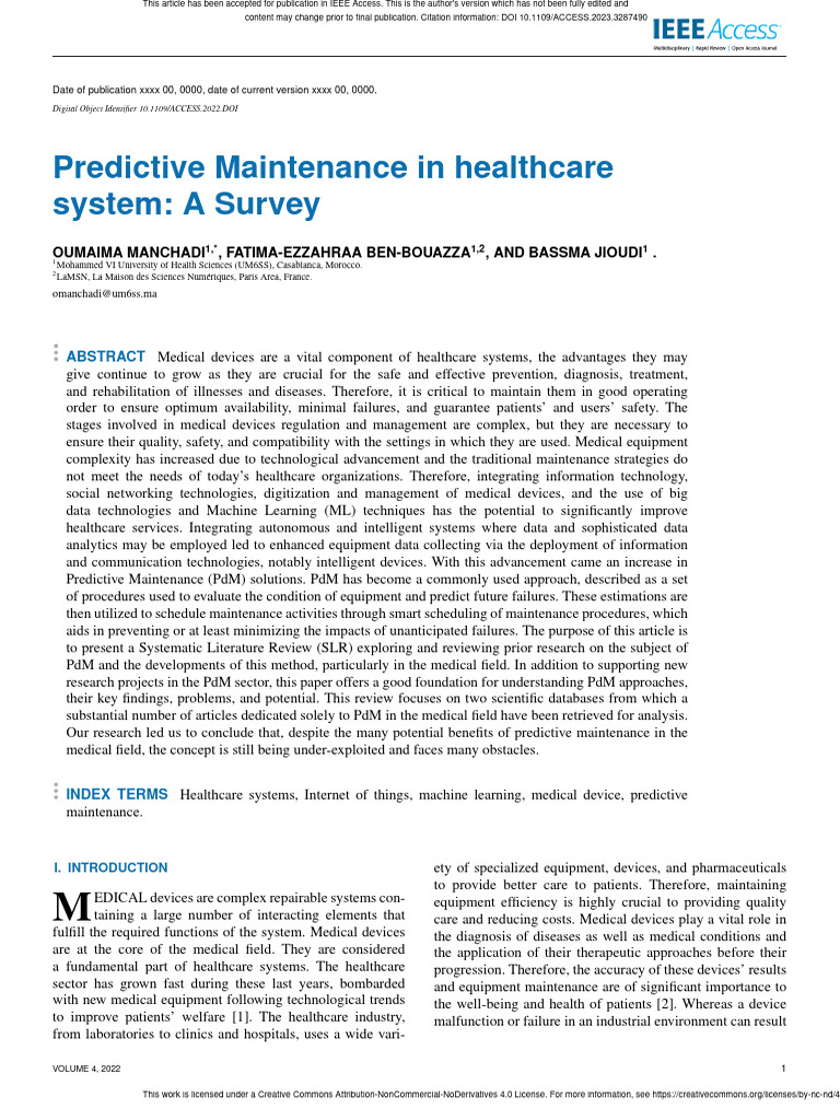 Predictive Maintenance in Healthcare System A Surv | PDF | Machine Learning | Medical Device