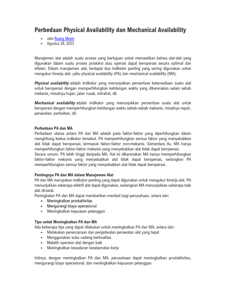 Perbedaan Physical Availability Dan Mechanical Availability: Oleh ...