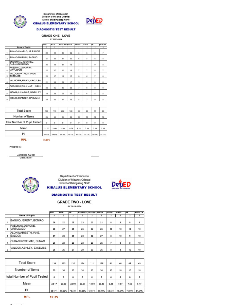Grade 1 Diagnostic Test Results 2023-2024 | PDF