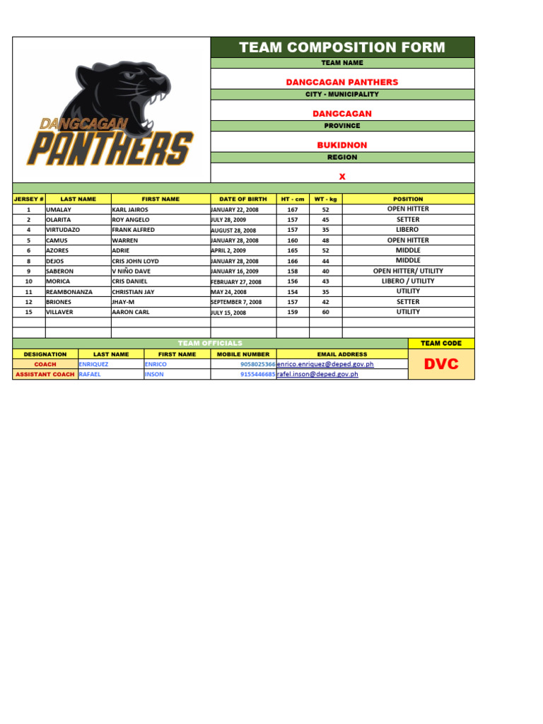 Team Composition for Dangcagan Panthers | PDF | Volleyball | Olympic Sports