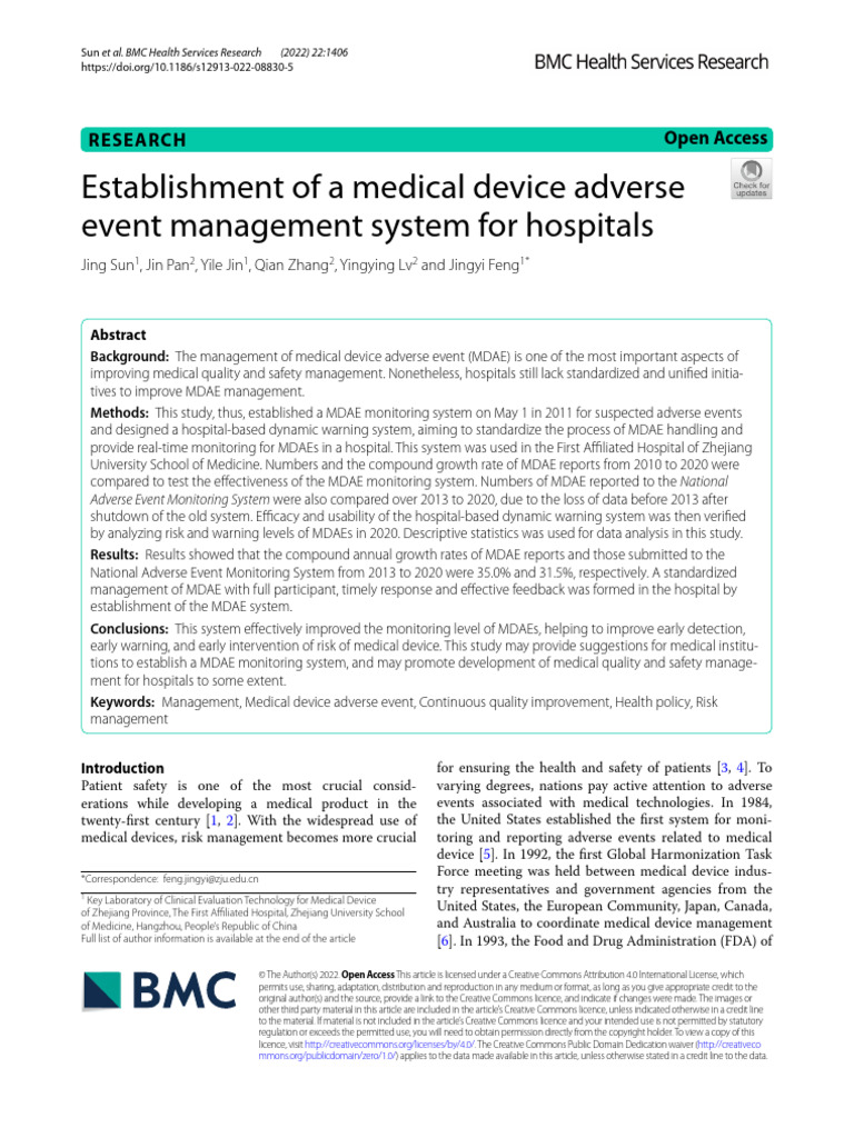 Establishment of A Medical Device Adverse Event Management System For ...