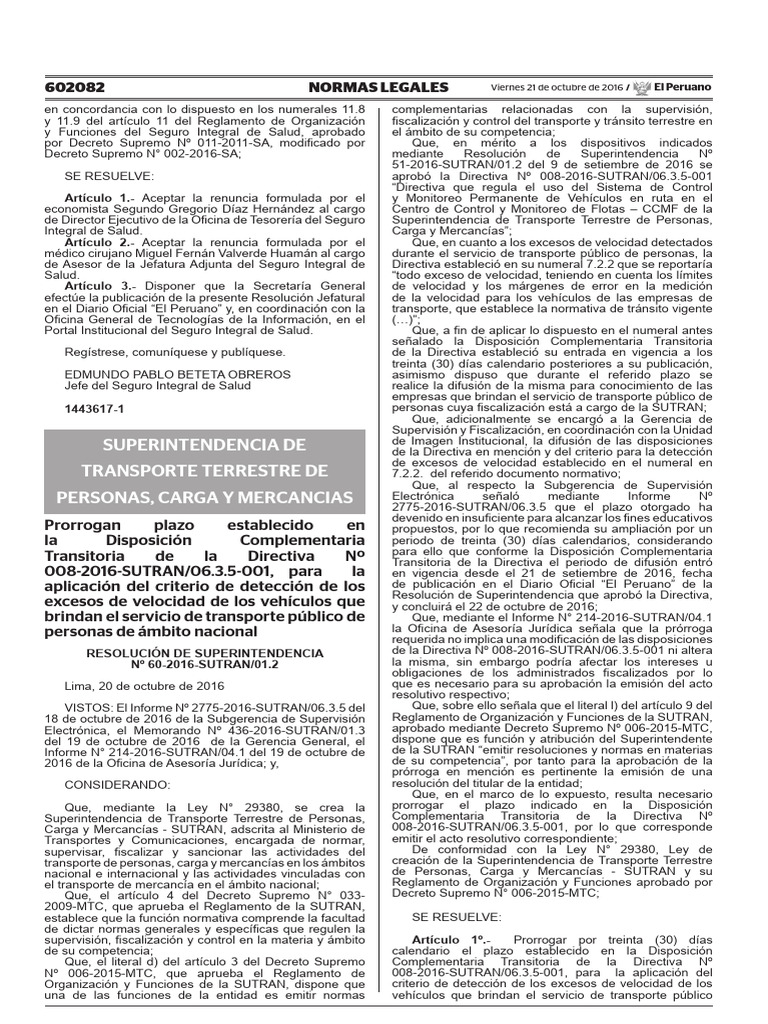 Resolucion de Superintendencia N 060-2016-SUTRAN Prorroga de Plazo de Directiva N 008-2016 ...