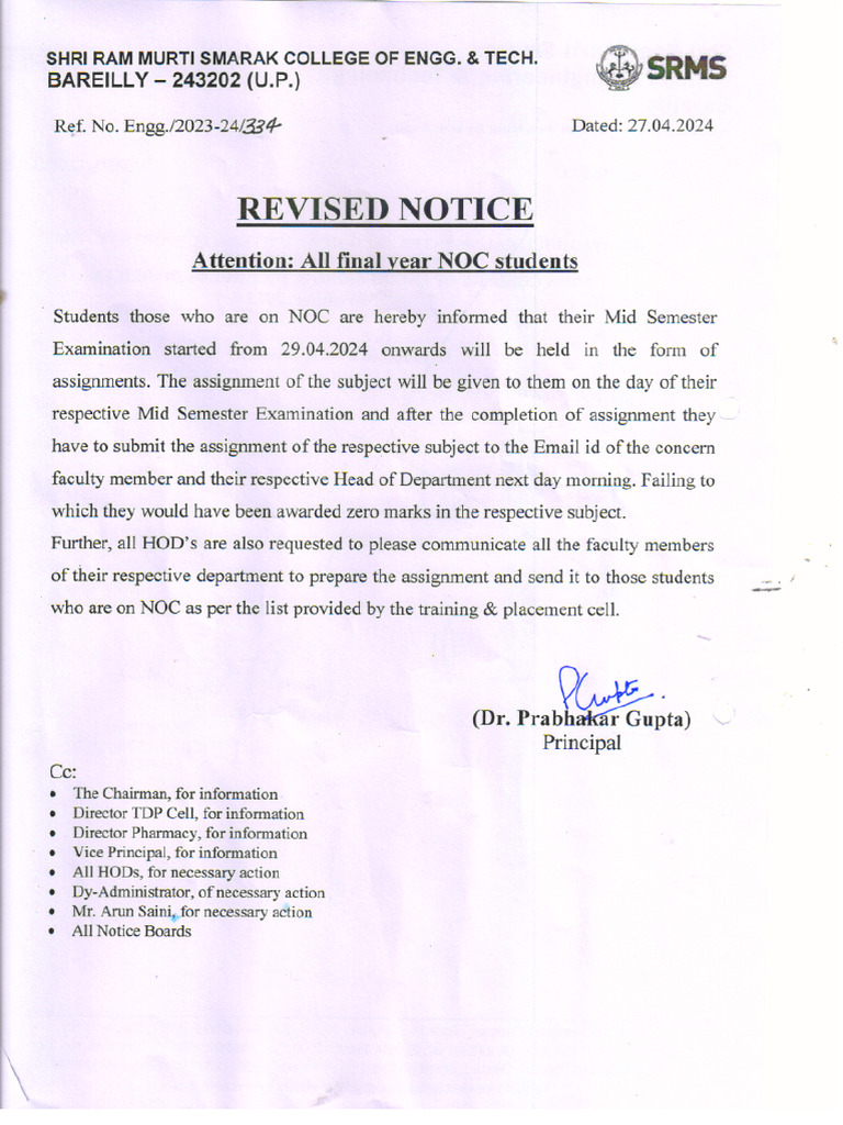 Revised Notice For Final Year NOC Students | PDF