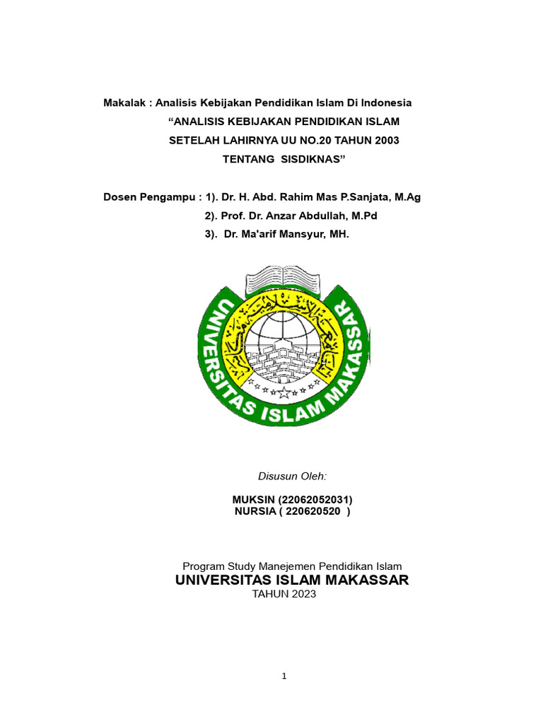 Muksin Makalah Analisis Kebijakan Pendidikan Islam Setelah Lahirnya UU - No12 TTG Sisdiknas | PDF
