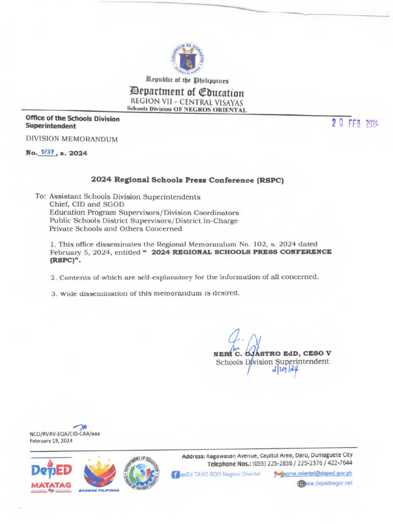 DM No. 0137 S. 2024 2024 Regional Schools Press Conference RSPC | PDF