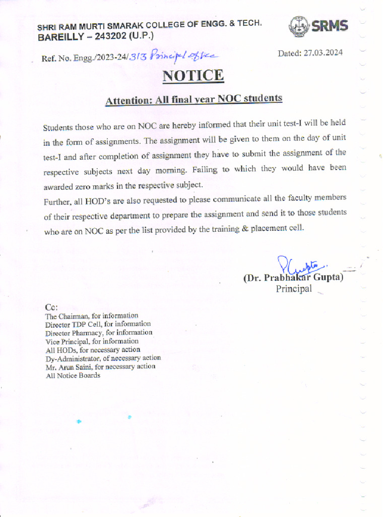 Notice For All Final Year NOC Students | PDF