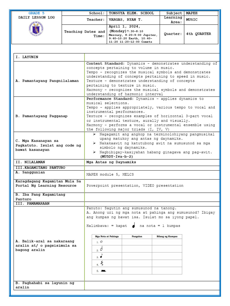 DAILY LESSON PLAN MAPEH 5 - MUSIC 4th Quarter - Antas NG Dynamics | PDF