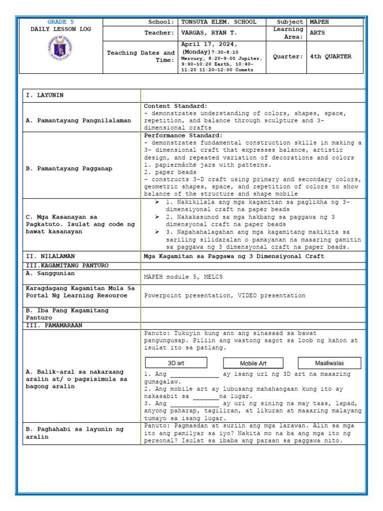 DAILY LESSON PLAN MAPEH 5 - ARTS 4th Quarter - 3 DIMENTIONAL CRAFT | PDF