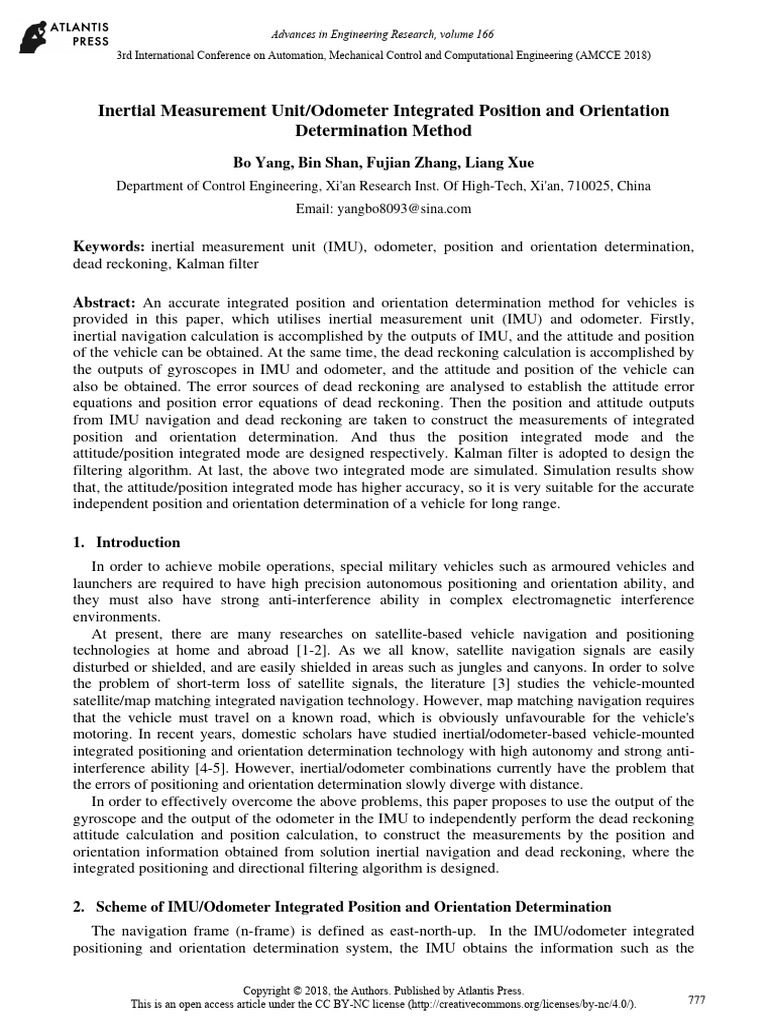 Inertial Measurement Unit Odometer Integrated Position And Orientation Determination Method