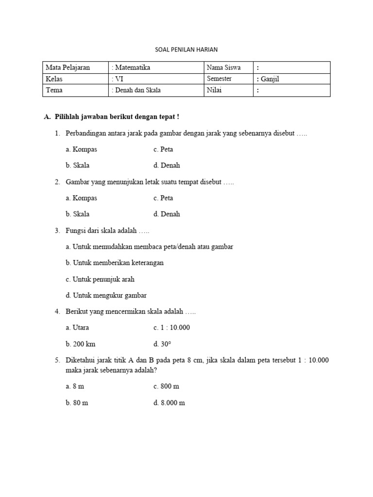 Soal PH 4 MTK K5 K13 Denah Dan Skala | PDF | Perjalanan | Griya & Taman