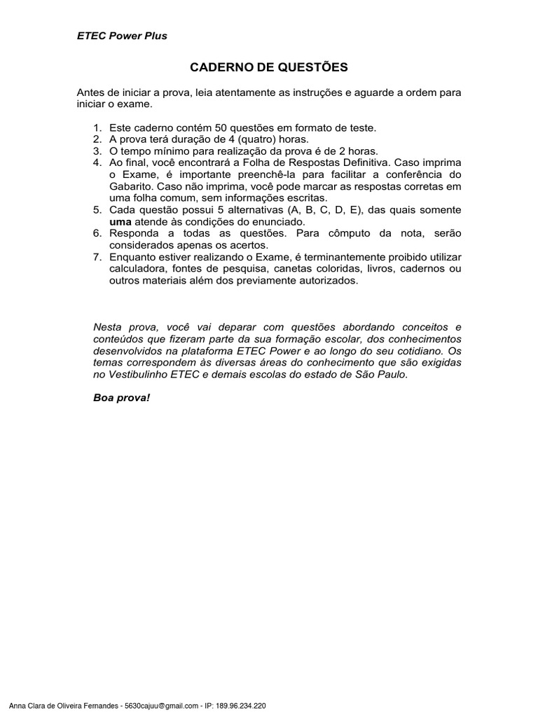 Prova ETEC Power Plus: 50 Questões de Vestibulinho | PDF | Agricultura | Floresta Amazônica