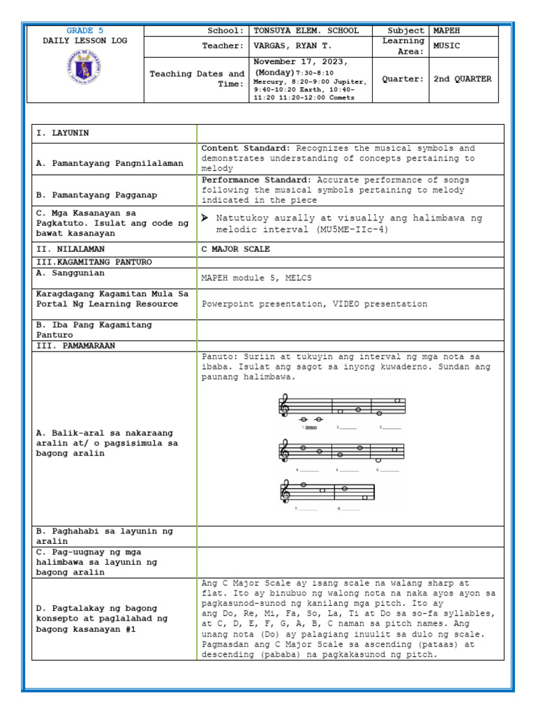 DAILY LESSON PLAN MAPEH 5 2nd Quarter - C MAJOR SCALE | PDF
