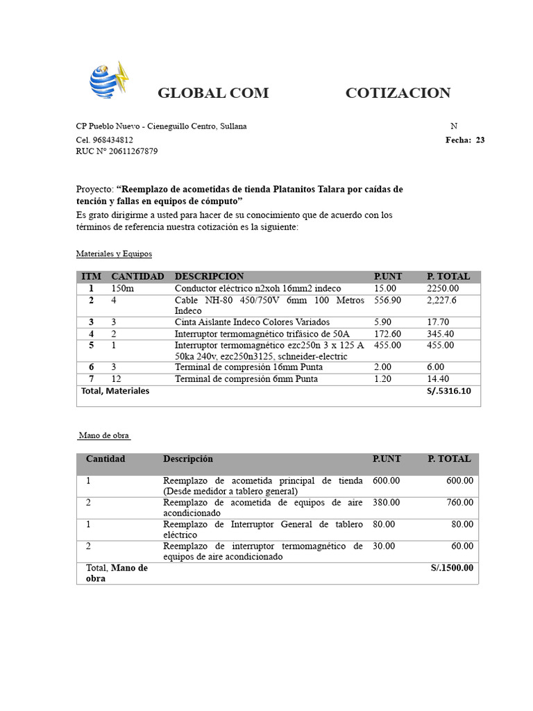 COTIZACION Instalación de Puntos de Internet | Descargar gratis PDF | Materiales | Ciencia de ...