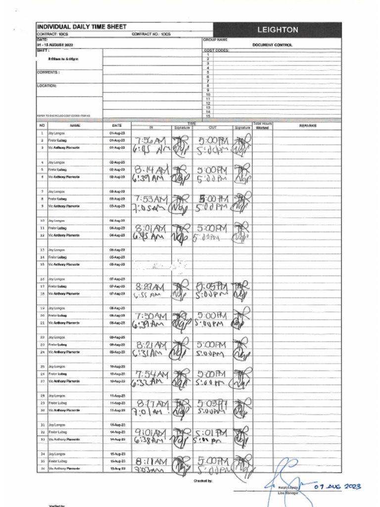 DC - Daily Timesheet Aug 1 Aug 15, 2023 | PDF