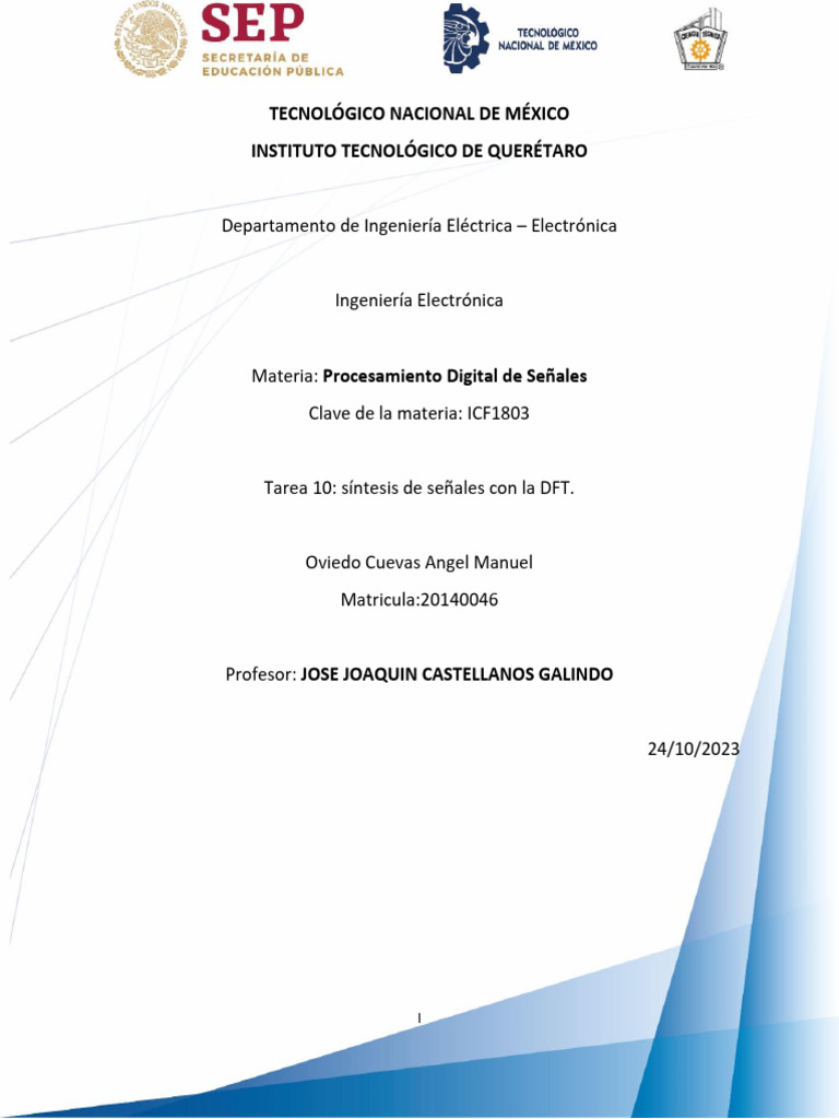Tarea10 - Oviedo Cuevas Angel Manuel | PDF | Transformada discreta de Fourier | Transformada de ...