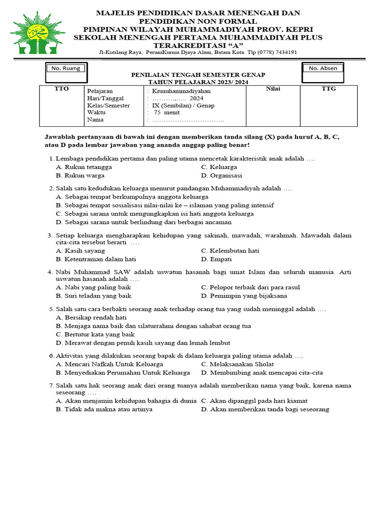 Soal KMD Kelas 9 Pas SMT Genap 2023 2024 | PDF | Agama & Spiritualitas