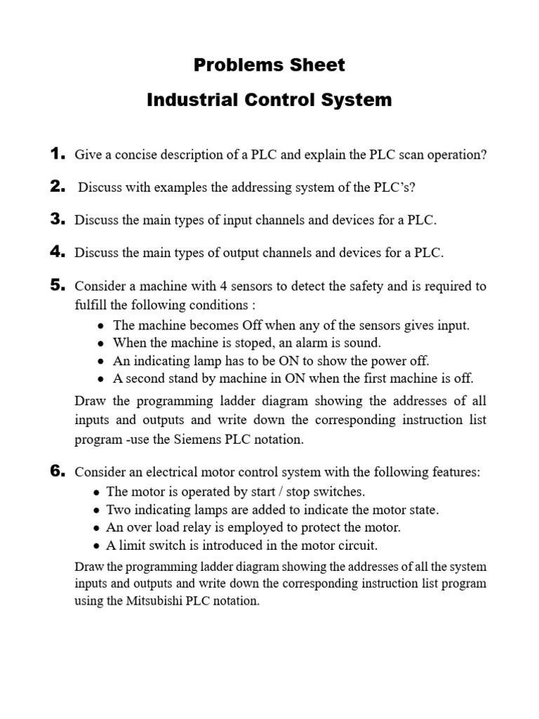 Problems Sheet - Industrial Control Systems | Download Free PDF | Programmable Logic Controller ...
