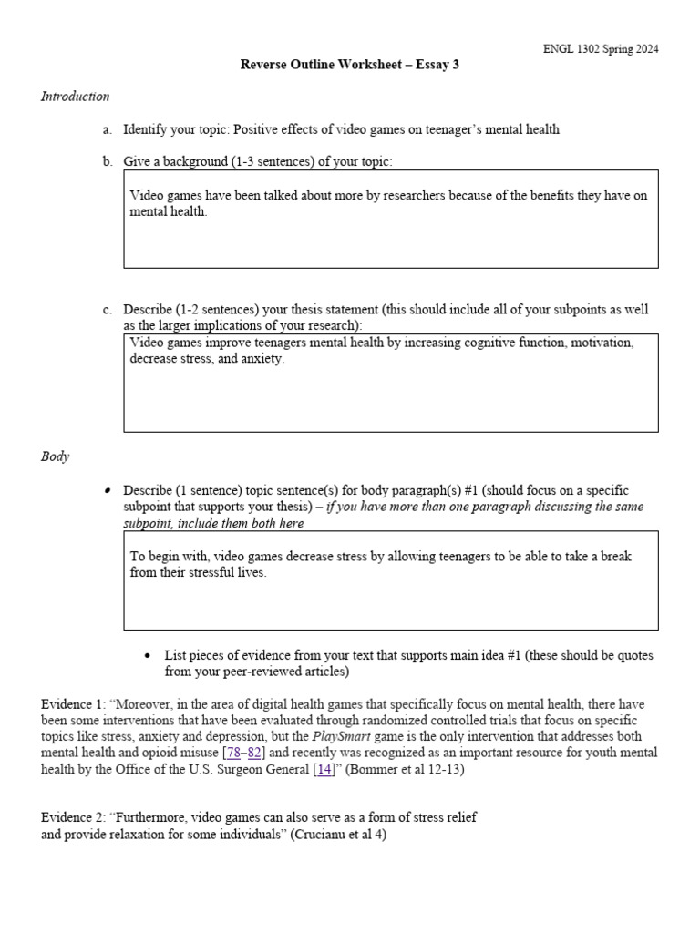 Reverse Outline Worksheet - Essay 3 | PDF | Evidence | Mental Health