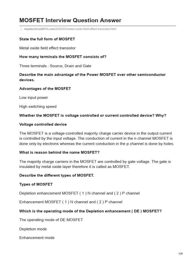 MOSFET Interview Question Answer | PDF | Mosfet | Field Effect Transistor