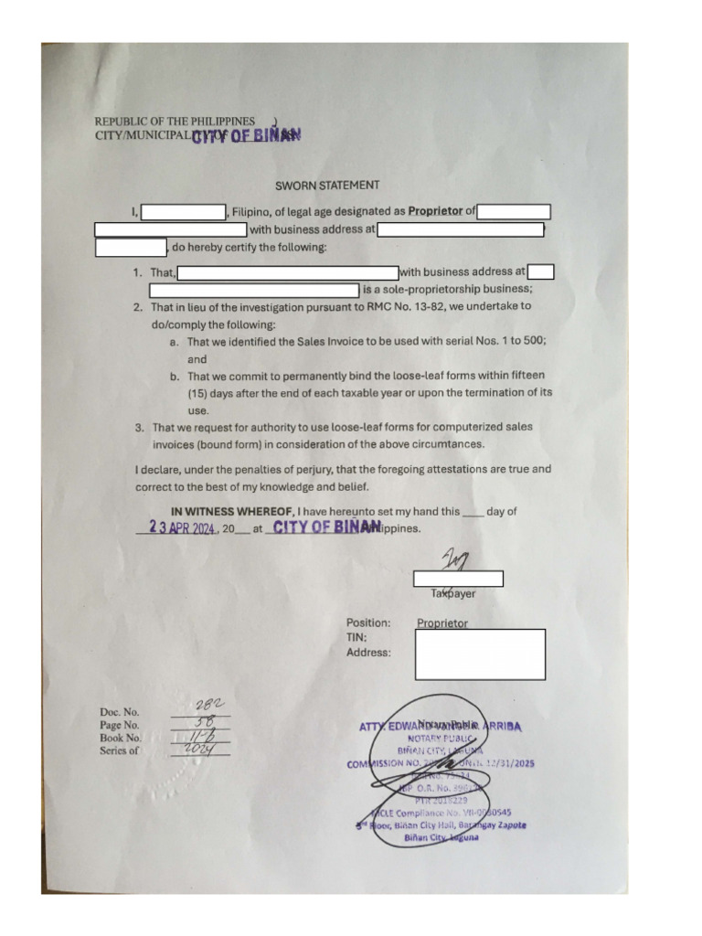 Sworn Statement RMC 13-82 | PDF