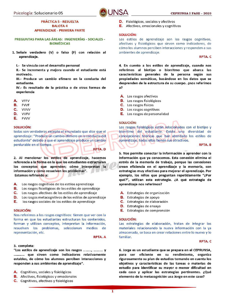 Practica #05 Solucionario Psicología - Ceprunsa I Fase 2023 | PDF