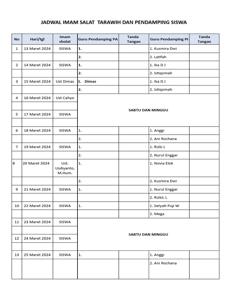 Jadwal Imam Salat Tarawih Dan Pendamping Siswa | PDF