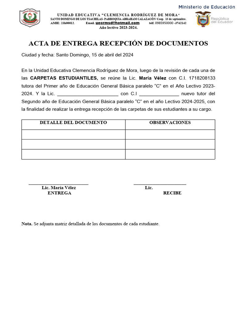 ACTA DE ENTREGA RECEPCIÓN DE DOCUMENTOS MARIA | PDF