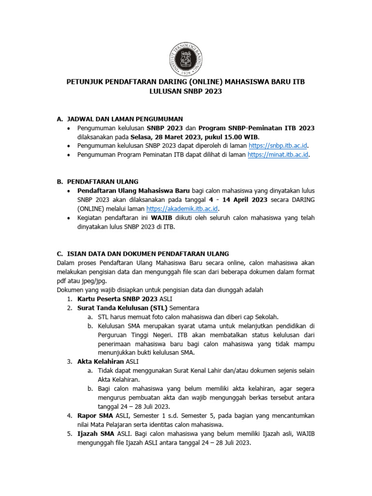 Informasi Pendaftaran Ulang Mahasiswa Baru ITB 2023 | PDF