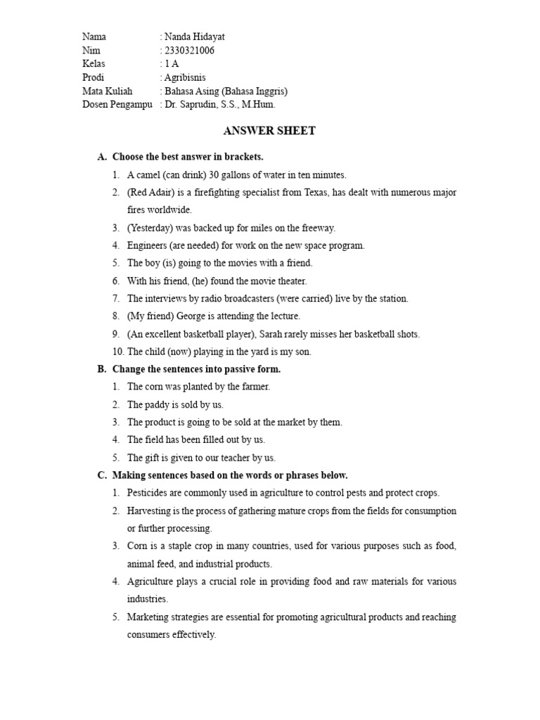 Answer Sheet | PDF | Language Arts & Discipline | Home & Garden