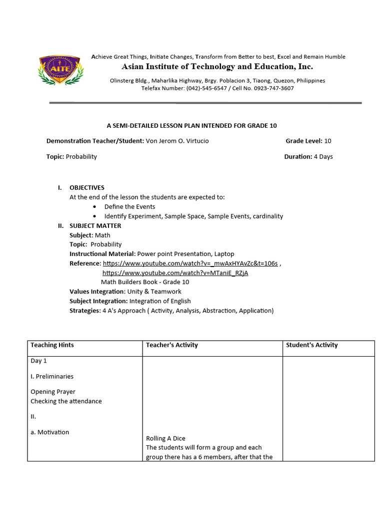 4A Lesson Plan Probability | PDF