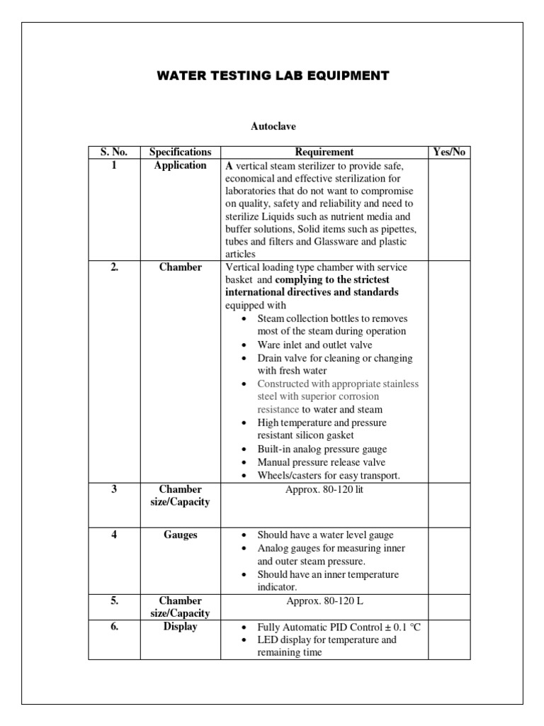 Specs - Water Lab Equipment | PDF | Weighing Scale | Duct (Flow)