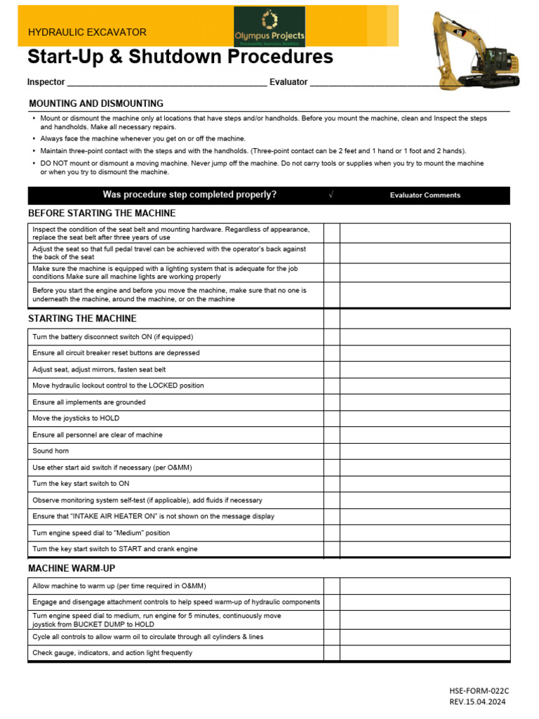 Hydraulic Excavator Start-Up & Shutdown Guide | PDF | Engines | Machines
