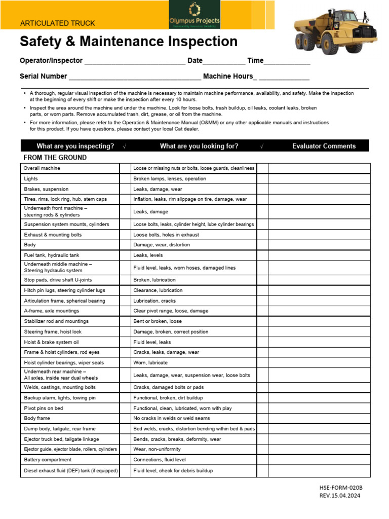 Articulated Truck Safety Inspection Guide | PDF | Truck | Bearing ...