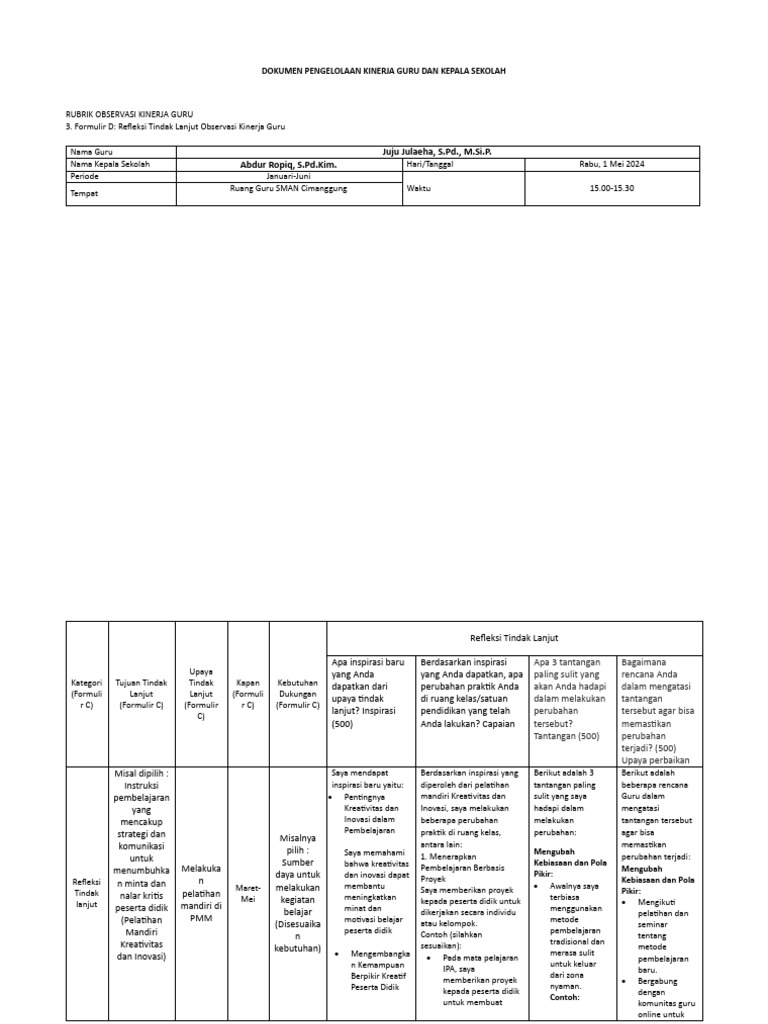 Rubrik Refleksi Tindak Lanjut Observasi Aktivitas Interaktif (Form D) | PDF
