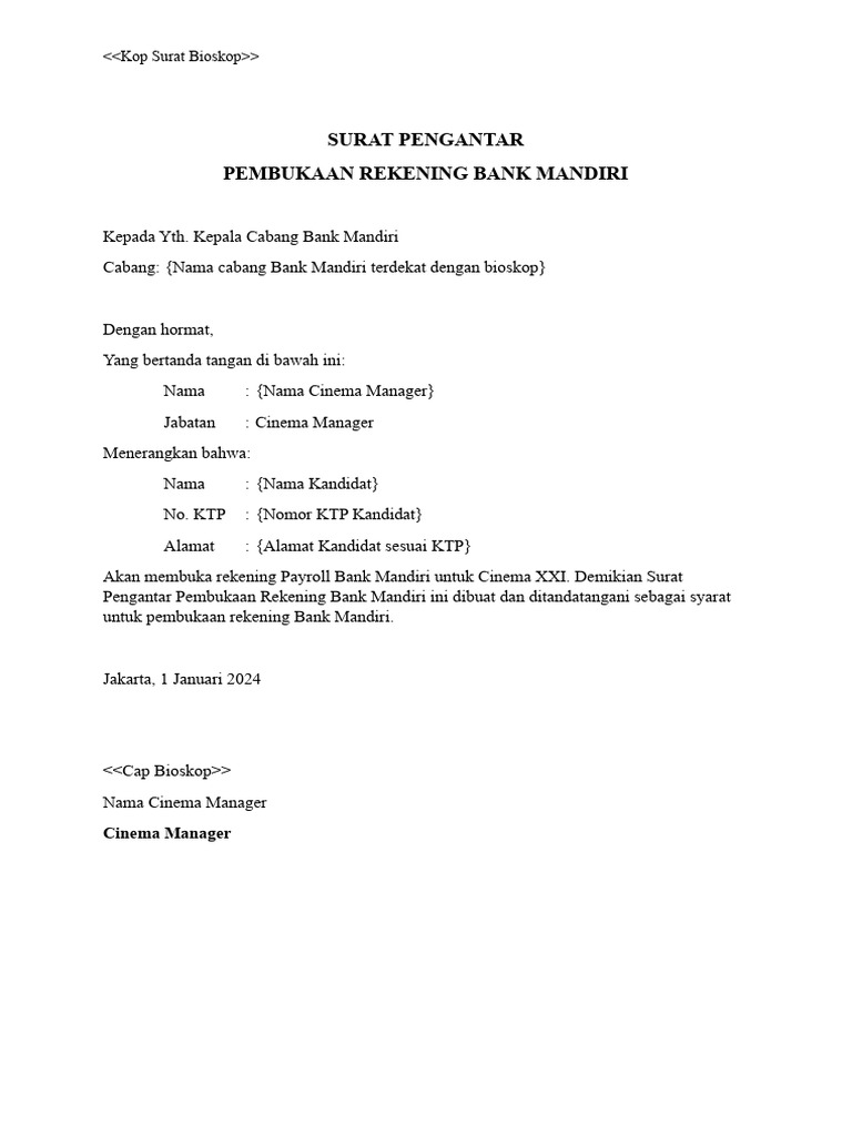 01 Template Surat Pengantar Pembukaan Rekening Bank Mandiri (New ...